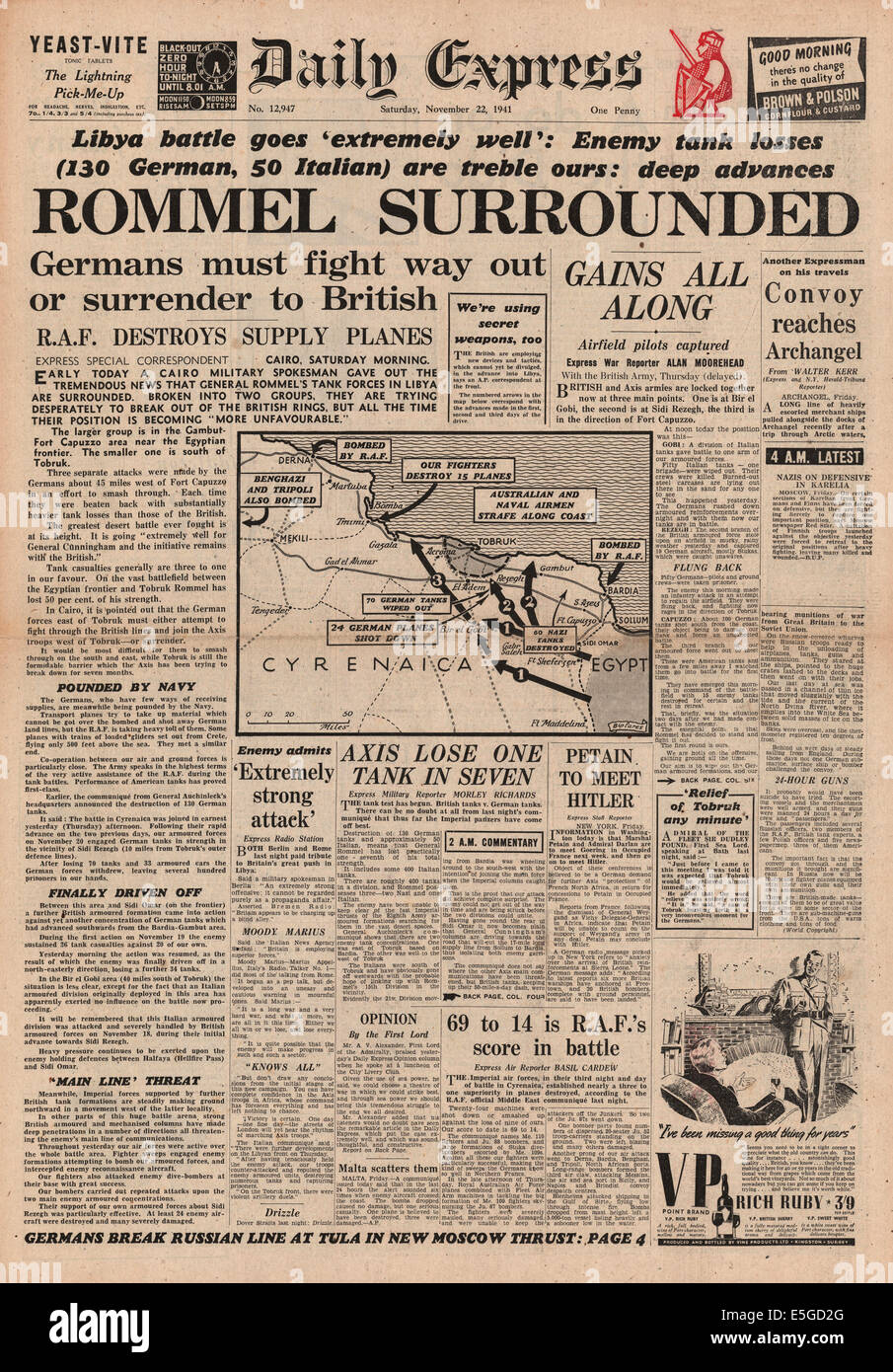 1941 Daily Express front page reporting Field Marshall Rommel's troops ...