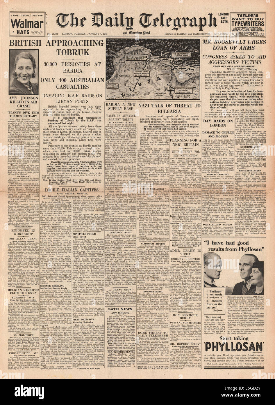 1941 Daily Telegraph front page reporting Tobruck and Amy Johnson Stock ...