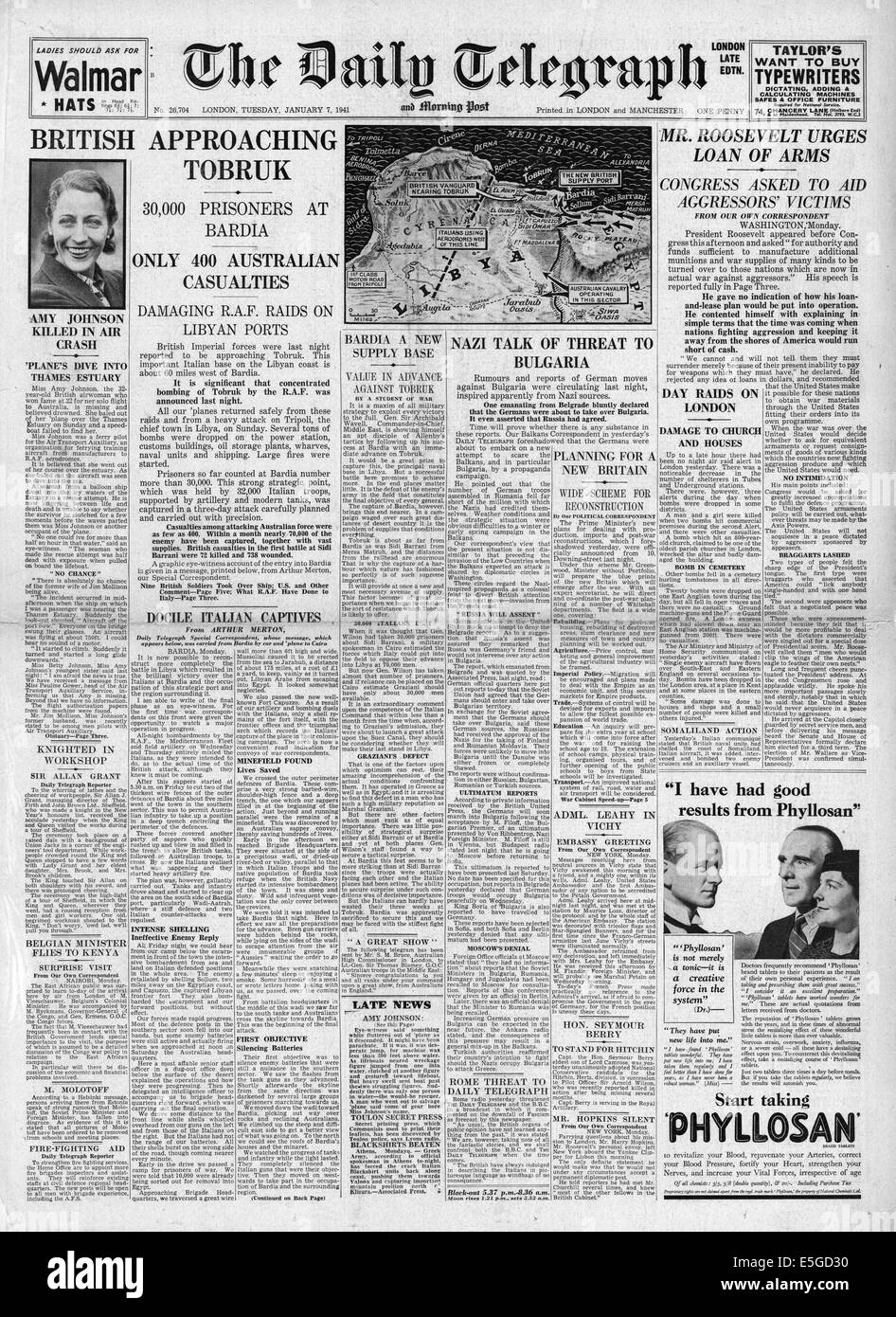 1941 Daily Telegraph front page reporting Tobruk and Amy Johnson Stock ...
