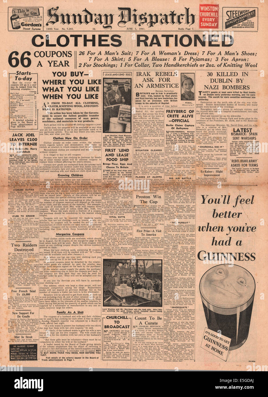 1941 Sunday Dispatch front page reporting that Clothing is now rationed ...