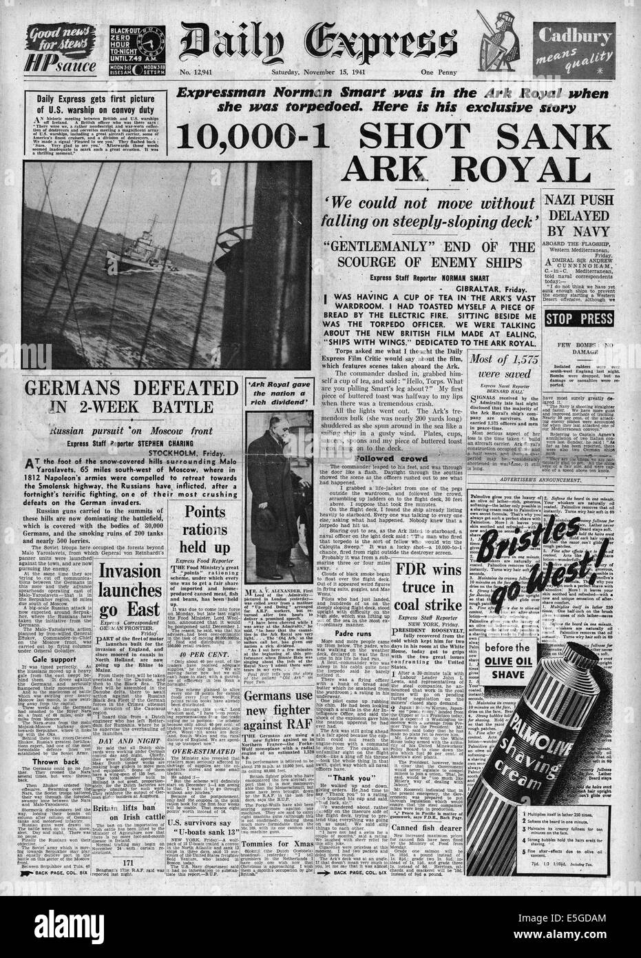 1941 Daily Express front page reporting the Sinking of British aircraft ...