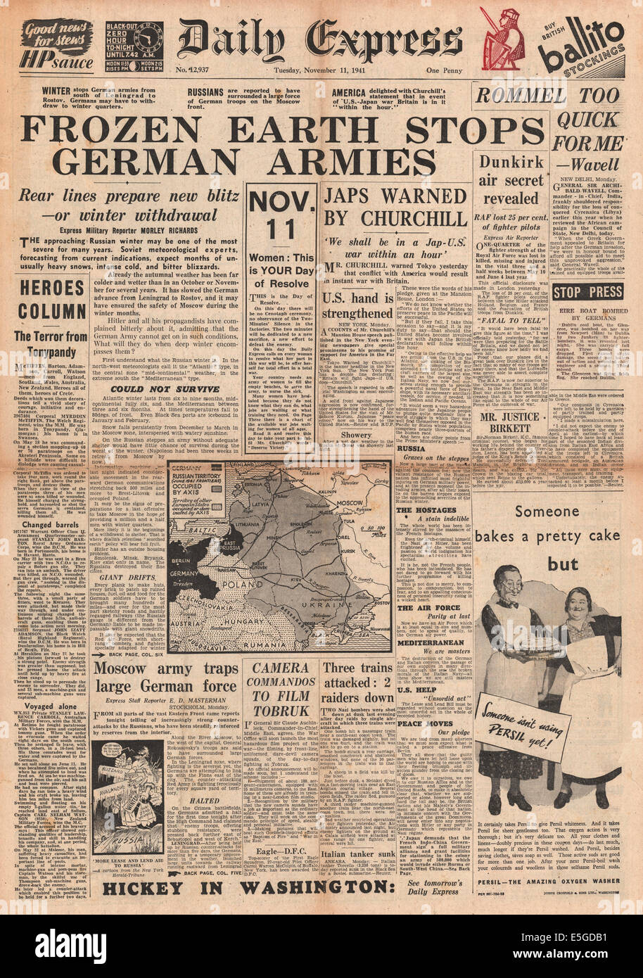 1941 Daily Express front page reporting German army advance halted in ...