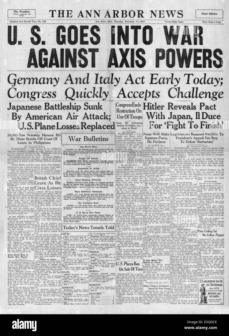 1941 The Ann Arbor News front page reporting USA votes for war against ...