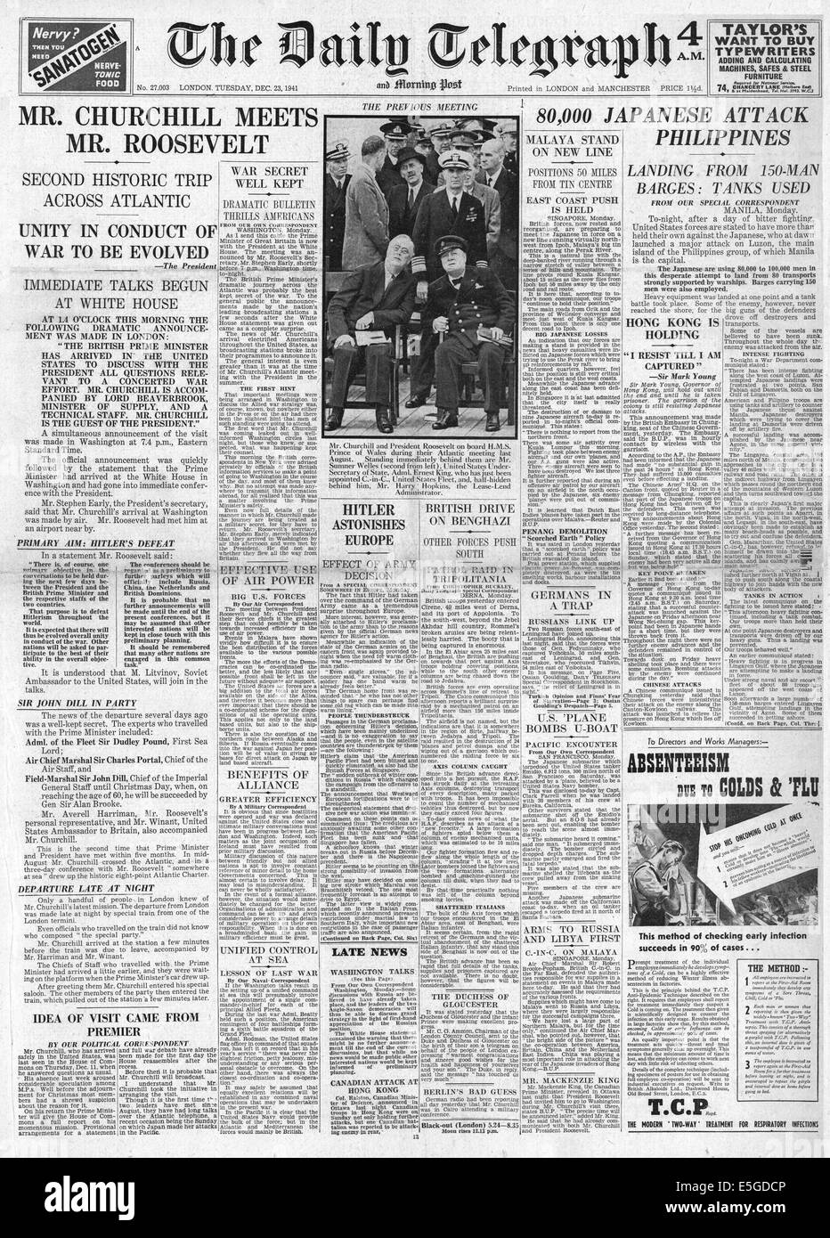 1941 The Daily Telegraph front page reporting Winston Churchill meeting ...