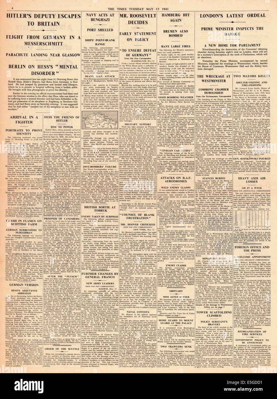 1941 The Times front page reporting Rudolf Hess lands in Britain Stock ...