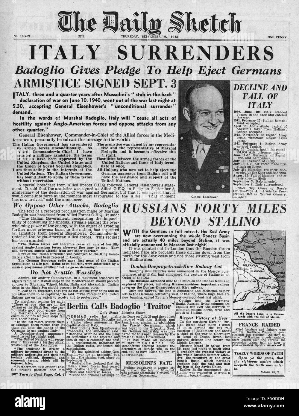 1943 Daily Sketch front page reporting the surrender of Italy to the ...
