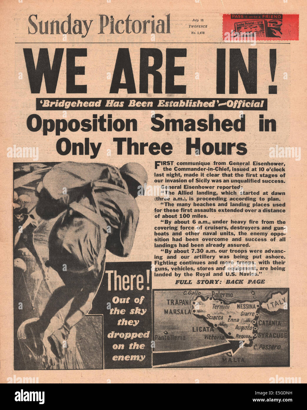 1943 Sunday Pictorial front page reporting Allies landing in Sicily ...