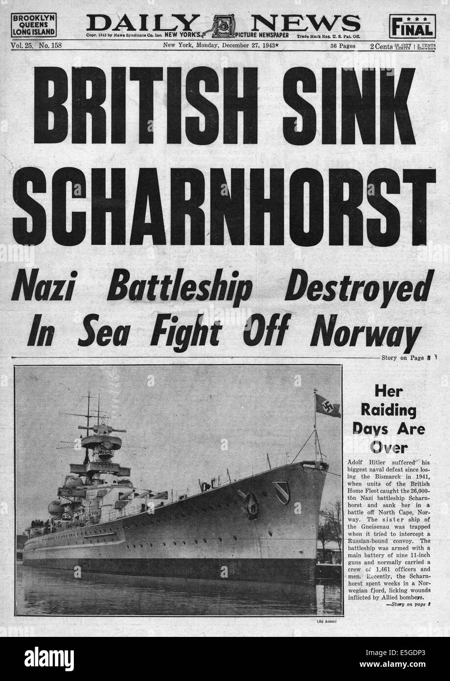 1943 Daily News (New York) front page reporting the sinking of the ...