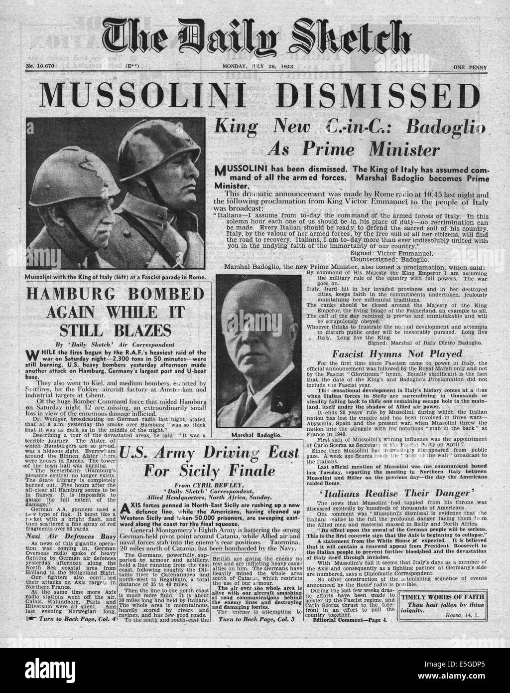 1943 Daily Sketch front page reporting the dismissal of Benito ...