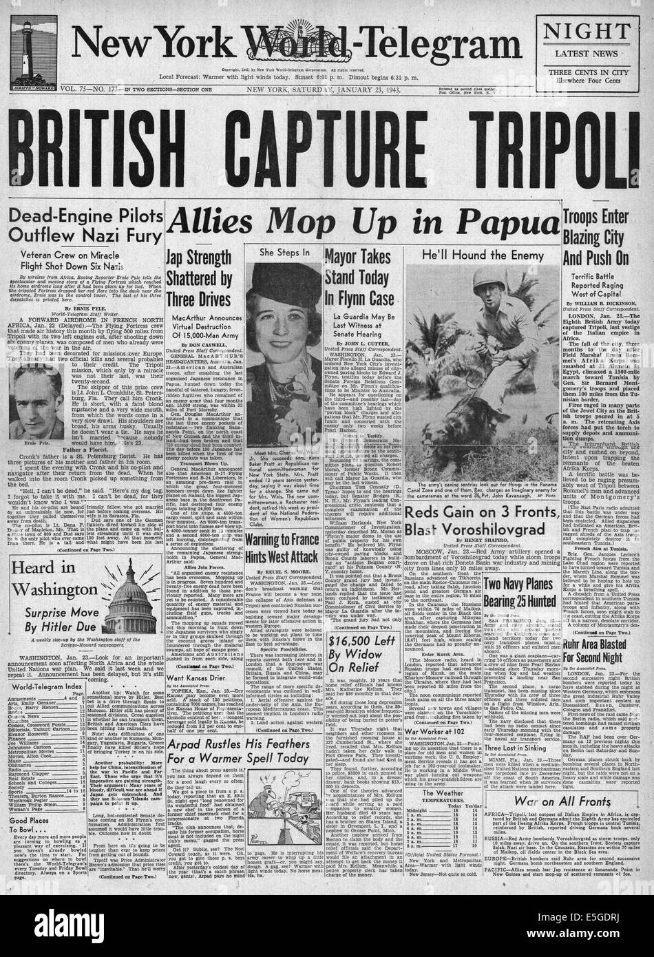 1943 New York World Telegram front page reporting British capture of ...