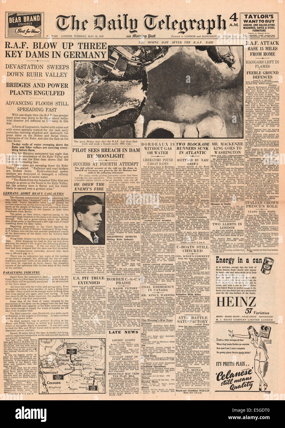 1943 Daily Telegraph, front page reporting the RAF the attack and ...