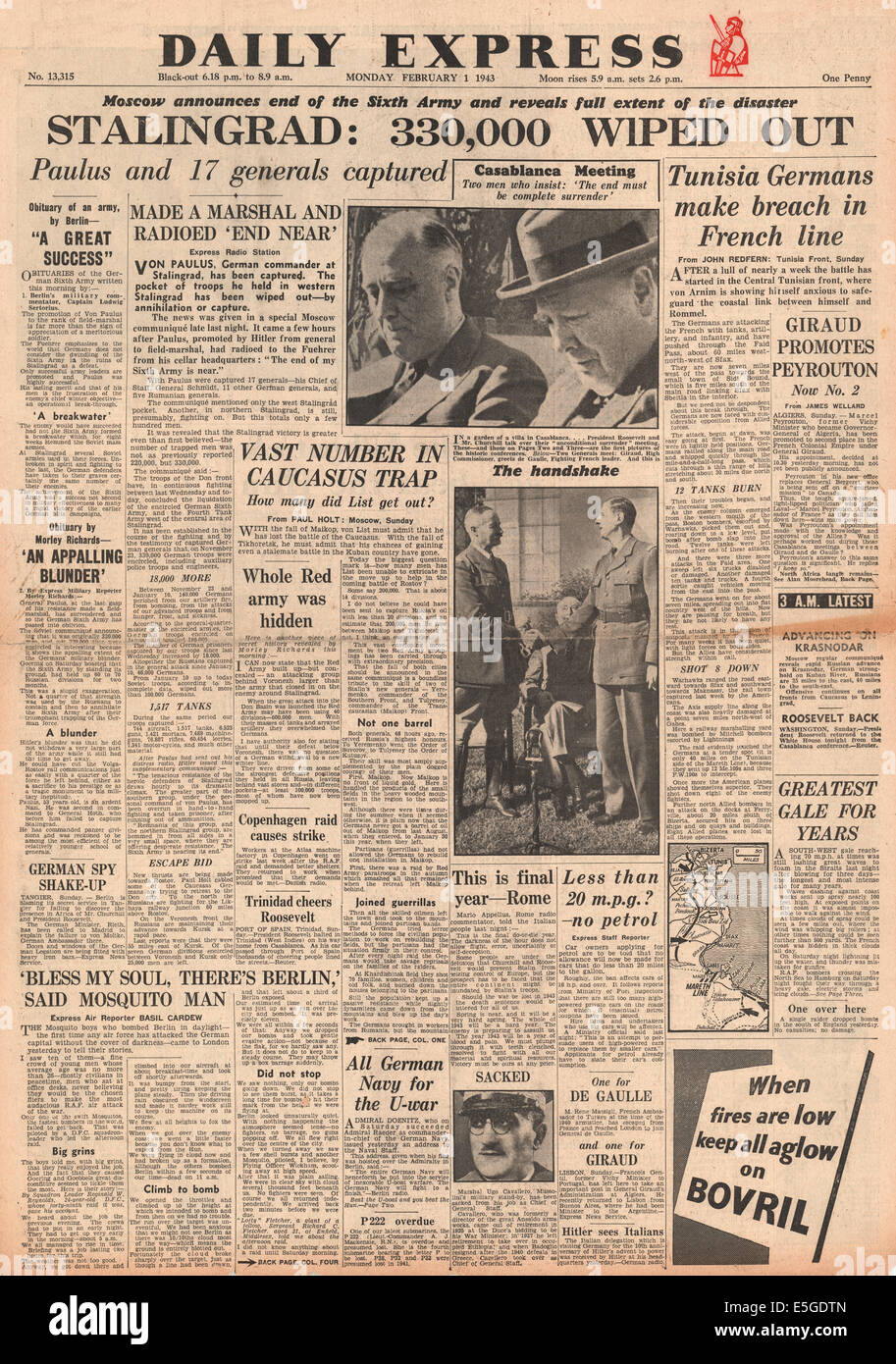 1943 Daily Express front page reporting German 6th Army defeat at ... 1943 Daily Express front page reporting German 6th Army defeat at ...