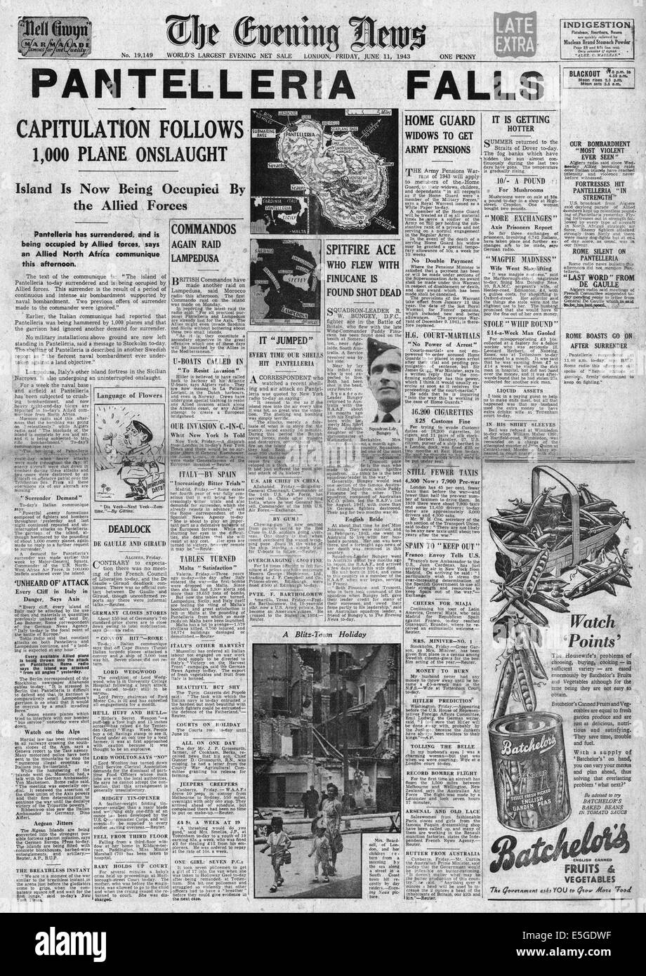 1943 Evening News (London) front page reporting the fall of Pantelleria ...
