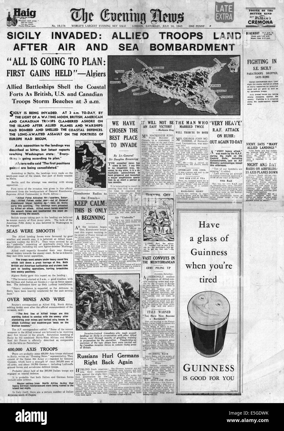 1943 Evening News London front page reporting Allied invasion of Sicily ...
