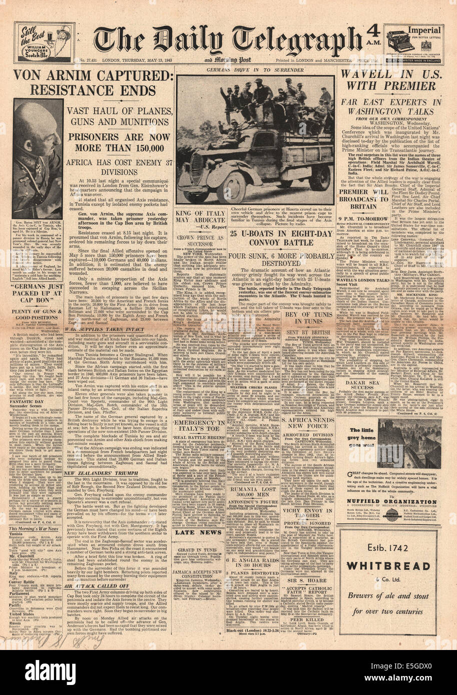 1943 Daily Telegraph front page reporting capture of General von Arnim ...