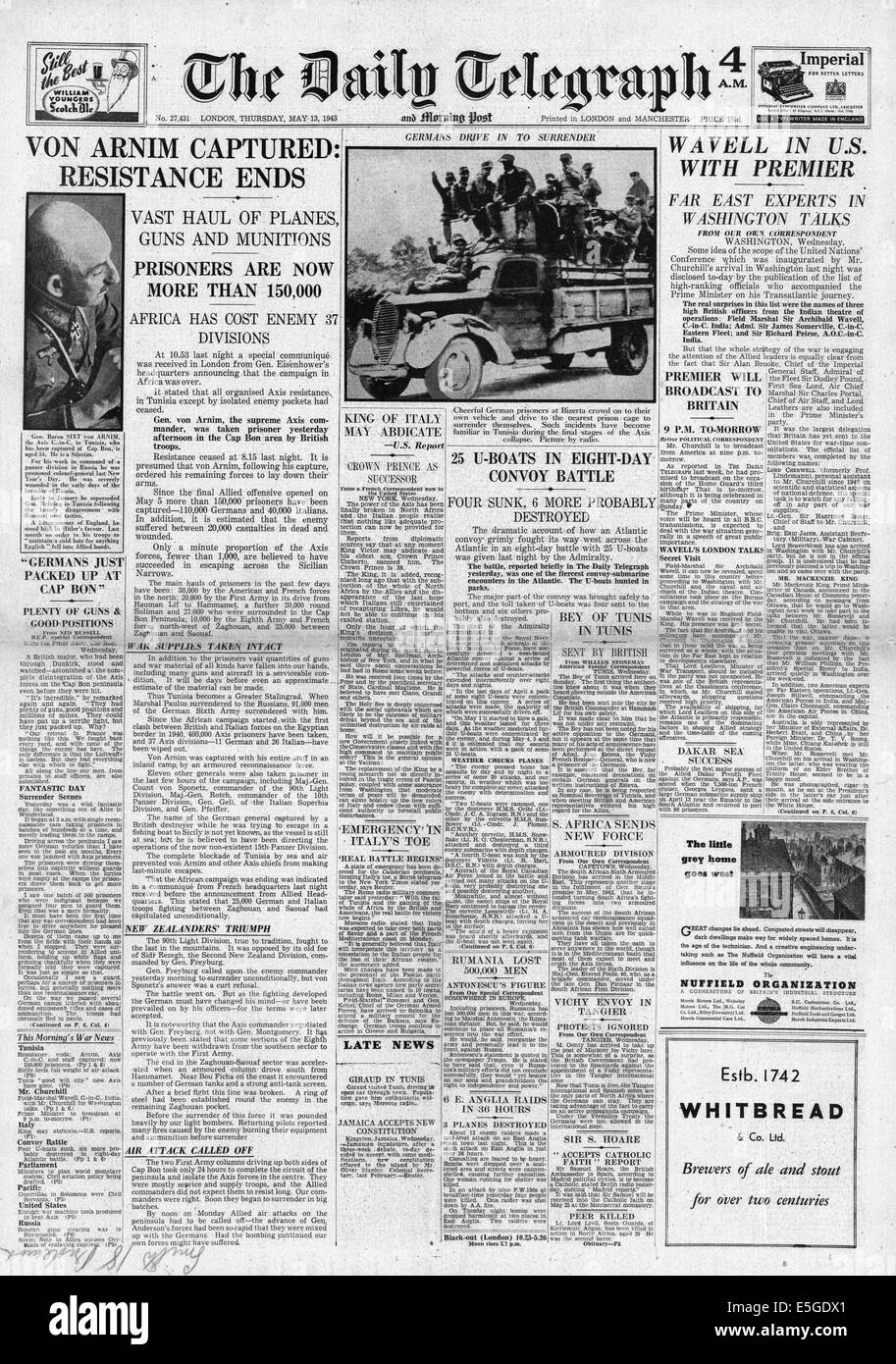 1943 Daily Telegraph front page reporting capture of General von Arnim ...