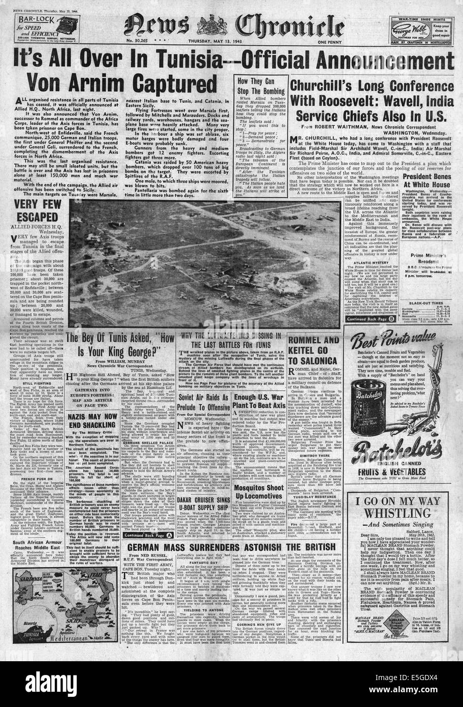 1943 News Chronicle front page reporting capture of General von Arnim ...