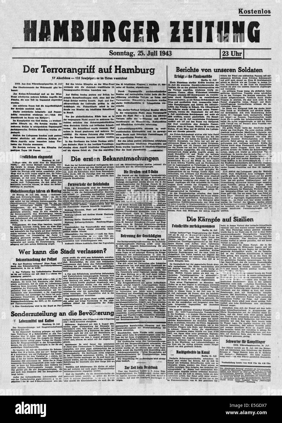 1943 Hamburger Zeitung (Germany) front page reporting the bombing of ...