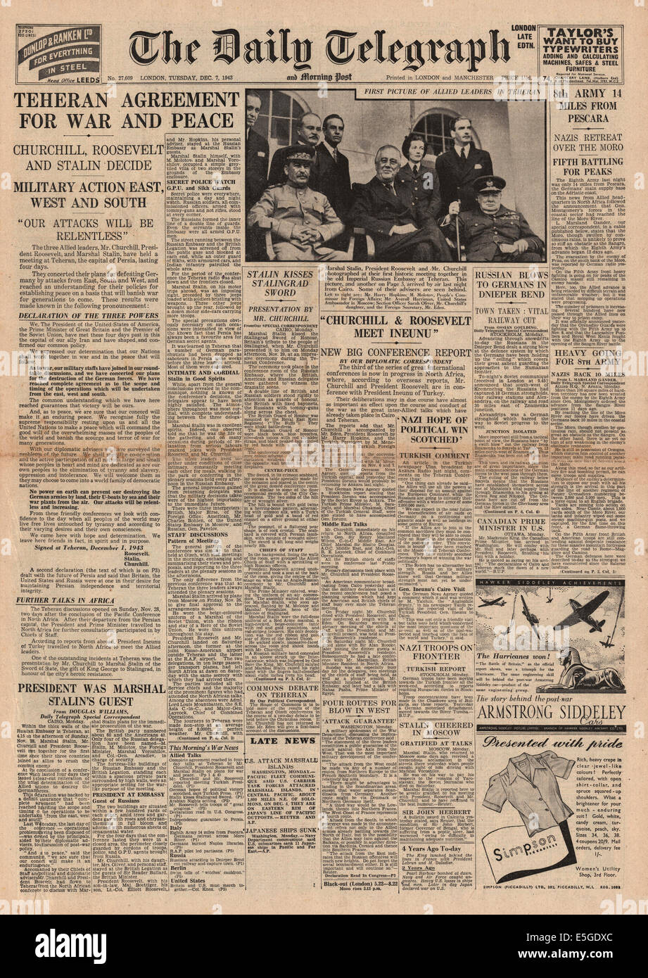 1943 Daily Telegraph front page reporting Allied leaders, Winston ...