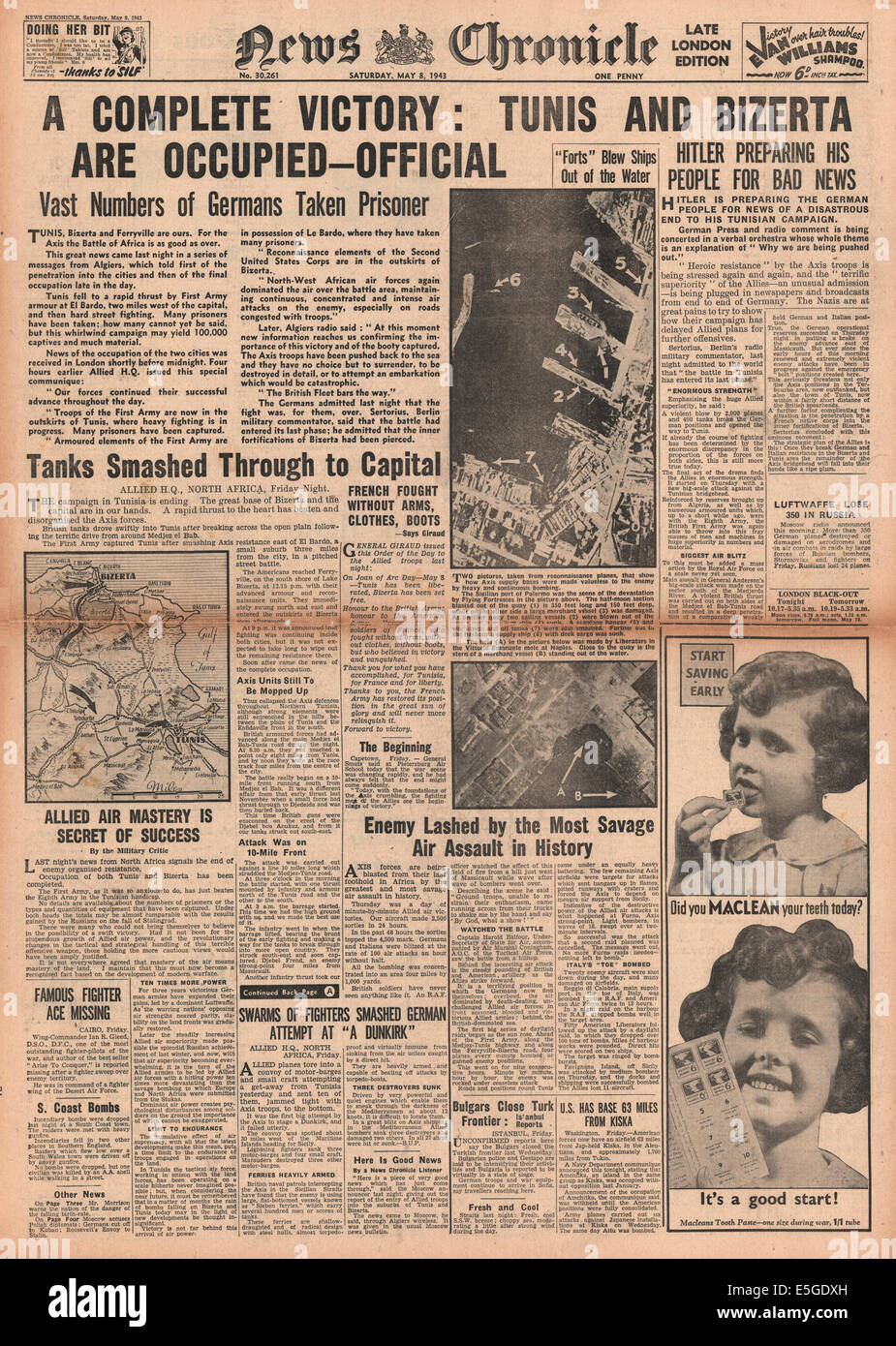 1943 News Chronicle front page reporting the fall of Tunis and Bizerta ...