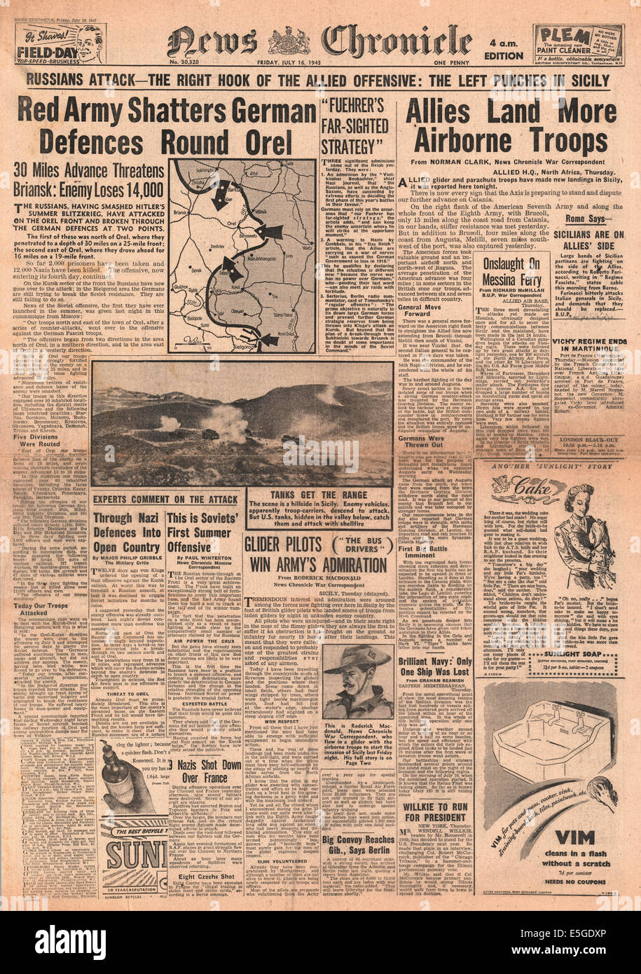 1943 News Chronicle front page reporting Red Army offensive at Orel ...