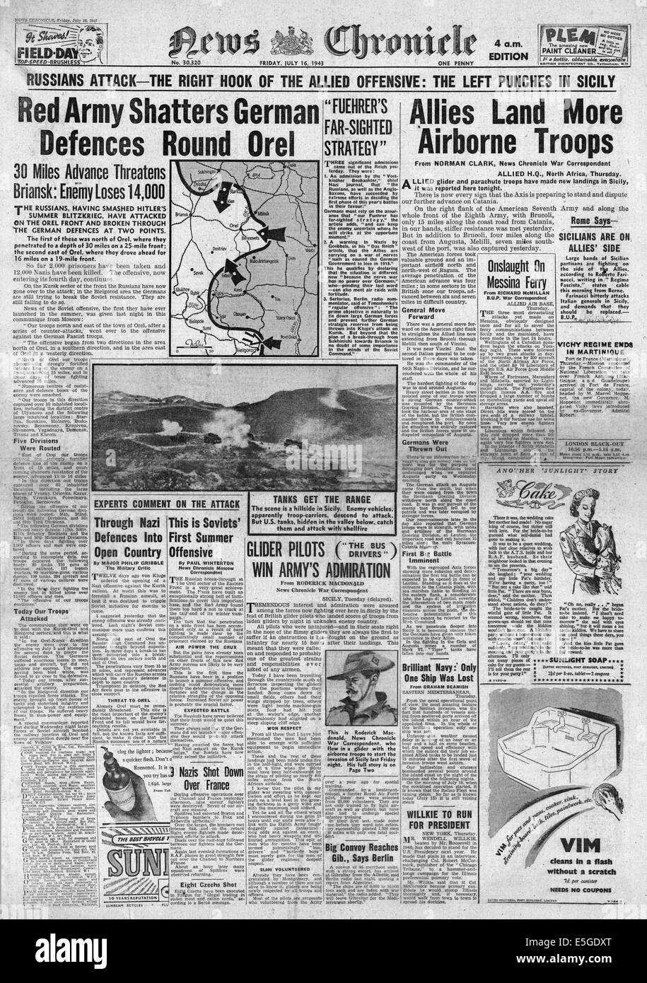 1943 News Chronicle front page reporting Red Army offensive at Orel ...