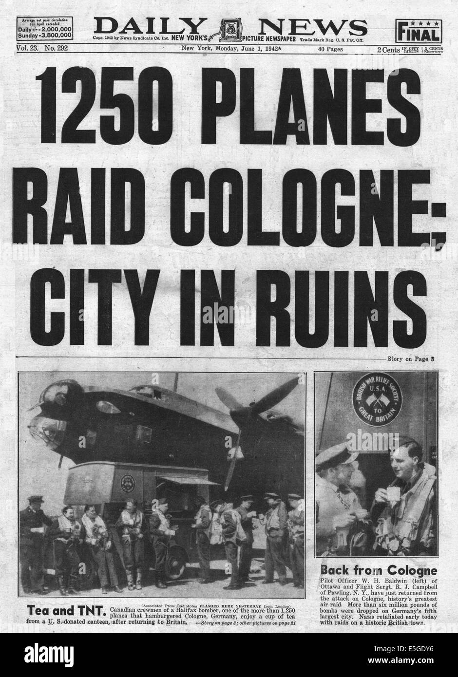 1942 Daily News (New York) front page reporting bombing of Cologne by ...