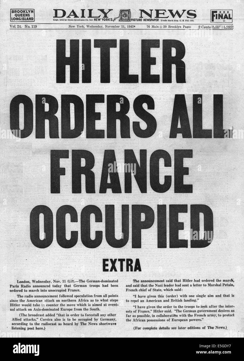 1942 Daily News (New York) front page reporting Hitler orders total ...