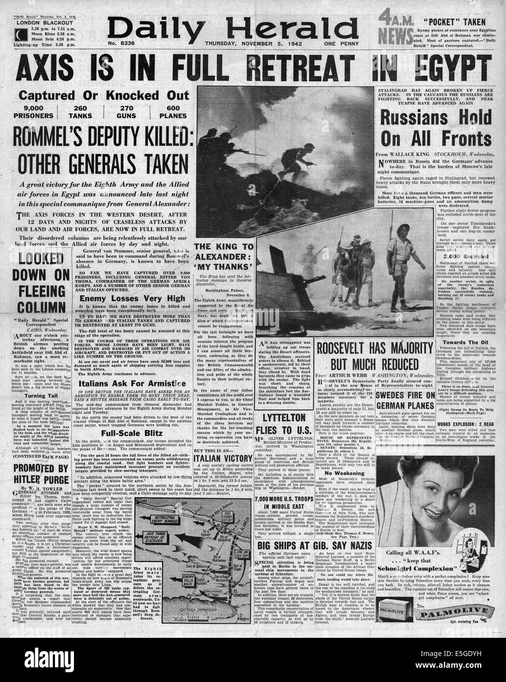 1942 Daily Herald front page reporting Axis forces defeated and ...