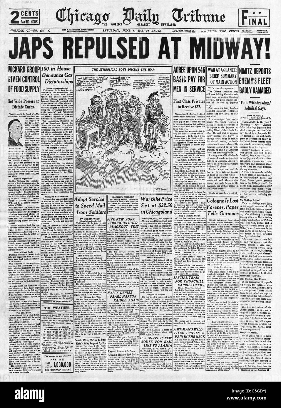 1942 Chicago Daily Tribune front page reporting Japanese defeat at ...