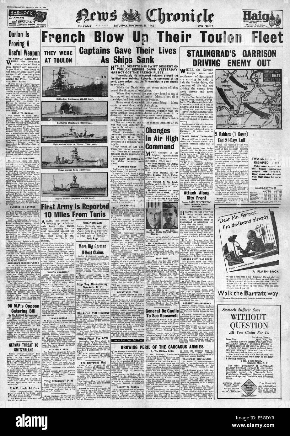 1942 News Chronicle front page reporting scuttling of the French fleet ...