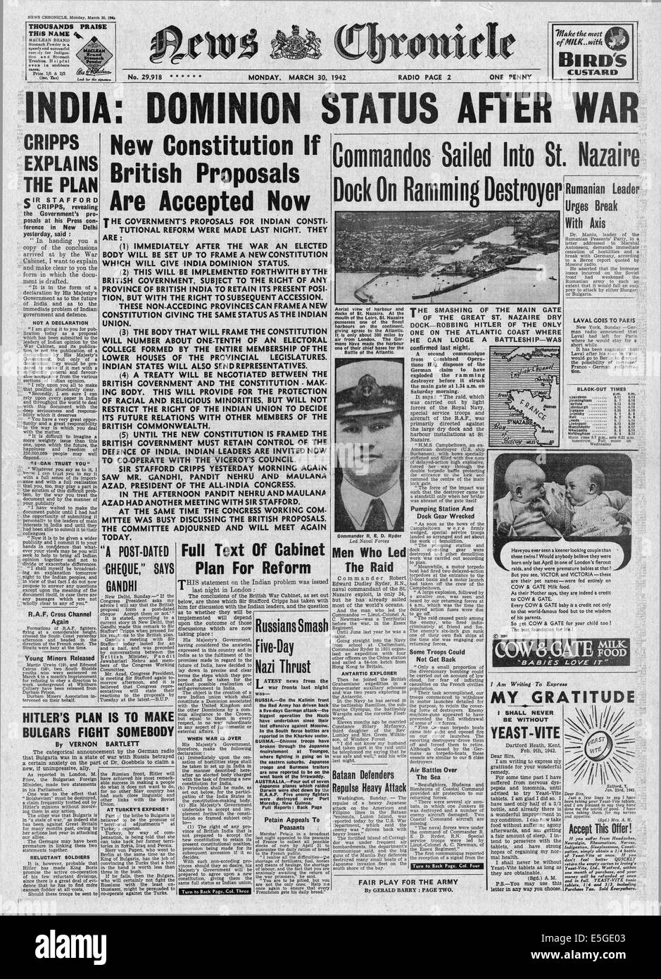 1942 News Chronicle front page reporting India to have independence ...