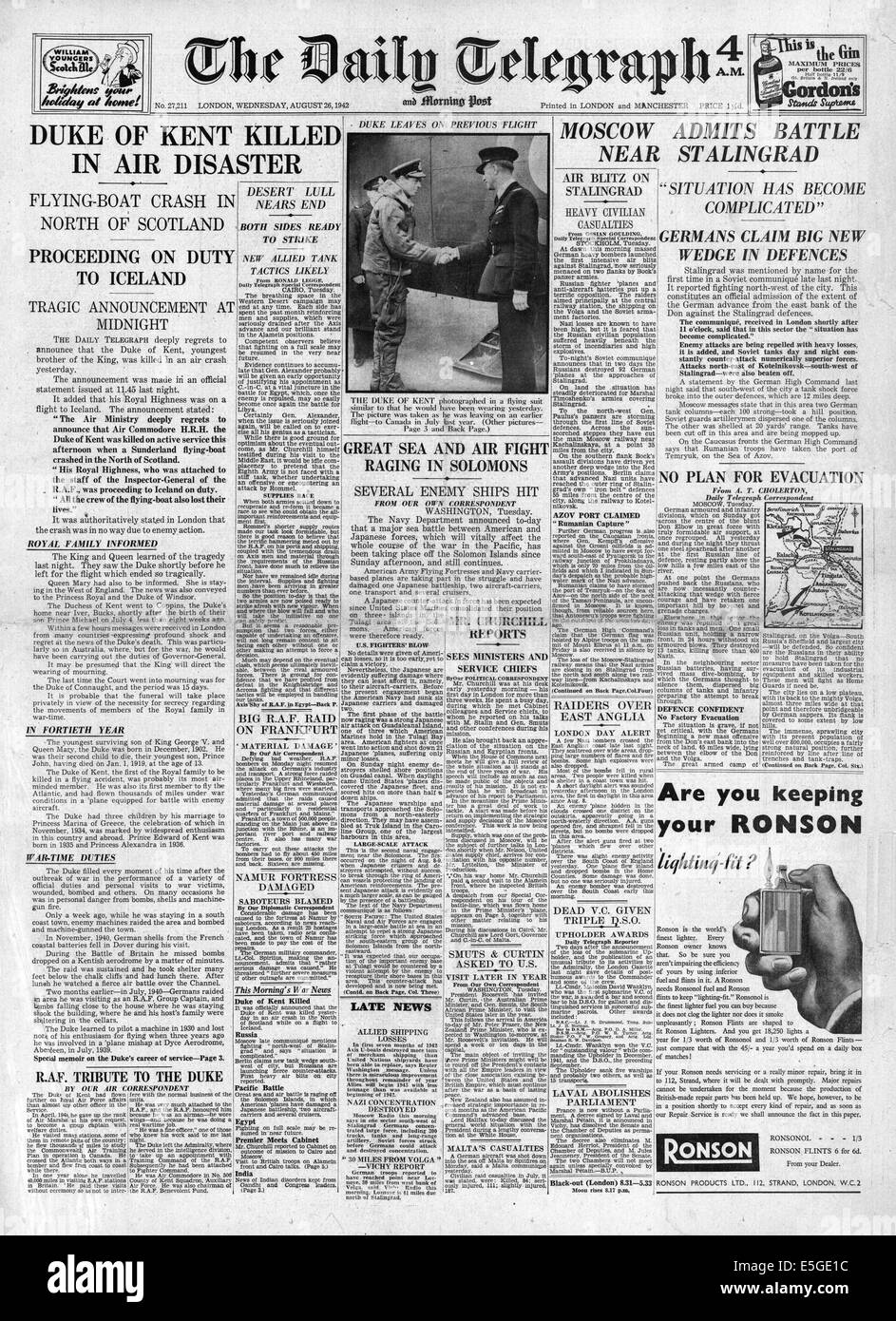 1942 Daily Telegraph front page reporting the eath of Duke of Kent in ...