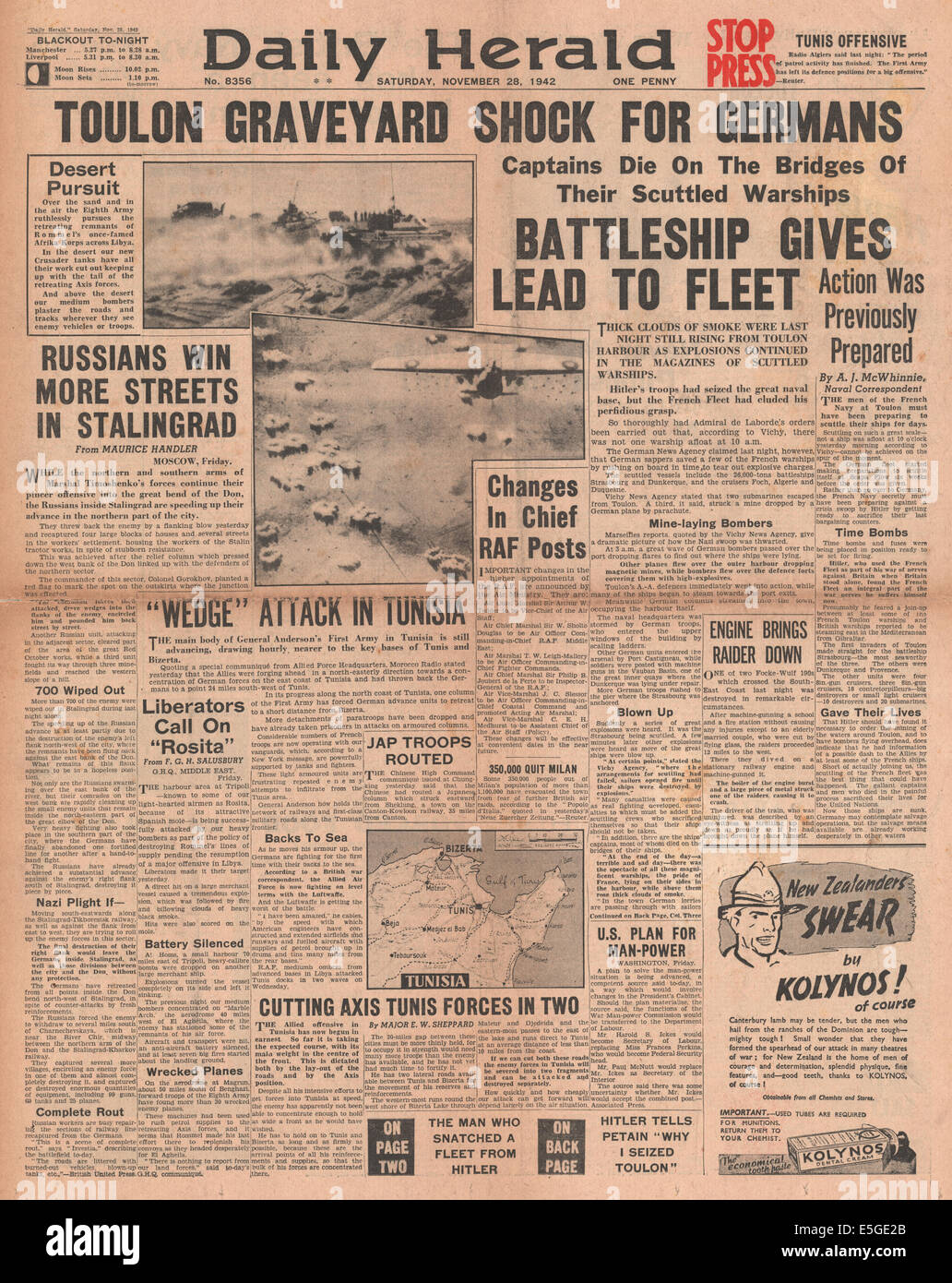 1942 Daily Herald front page reporting scuttling of the French fleet at ...