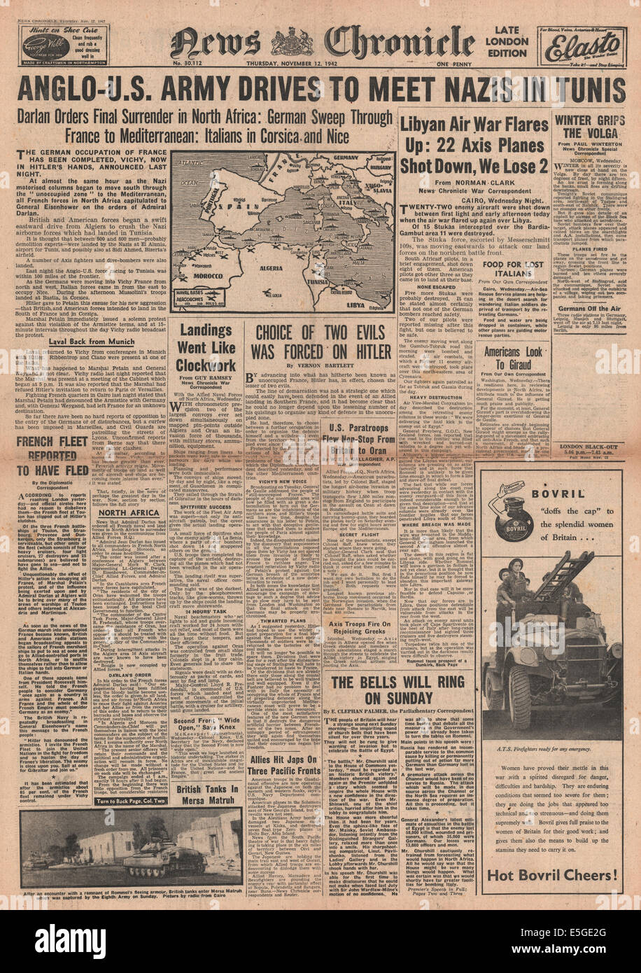 1942 News Chronicle front page reporting British 8th Army and U.S. Army ...