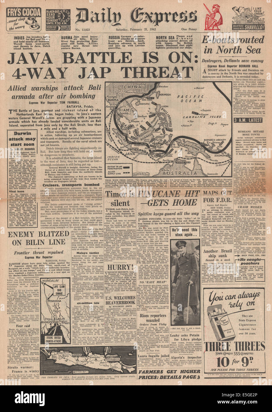 1942 Daily Express front page reporting Japanese invasion of Java and ...