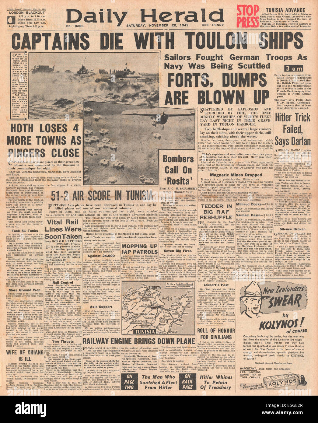 1942 Daily Herald front page reporting scuttling of the French fleet at ...