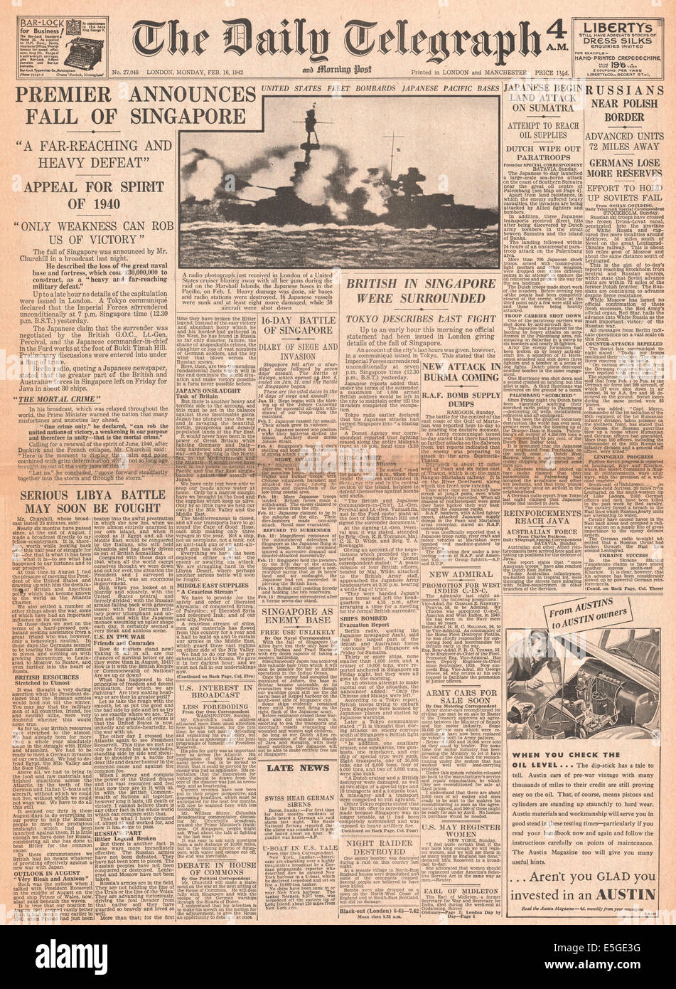 1942 Daily Telegraph front page reporting the fall of Singapore to the ...