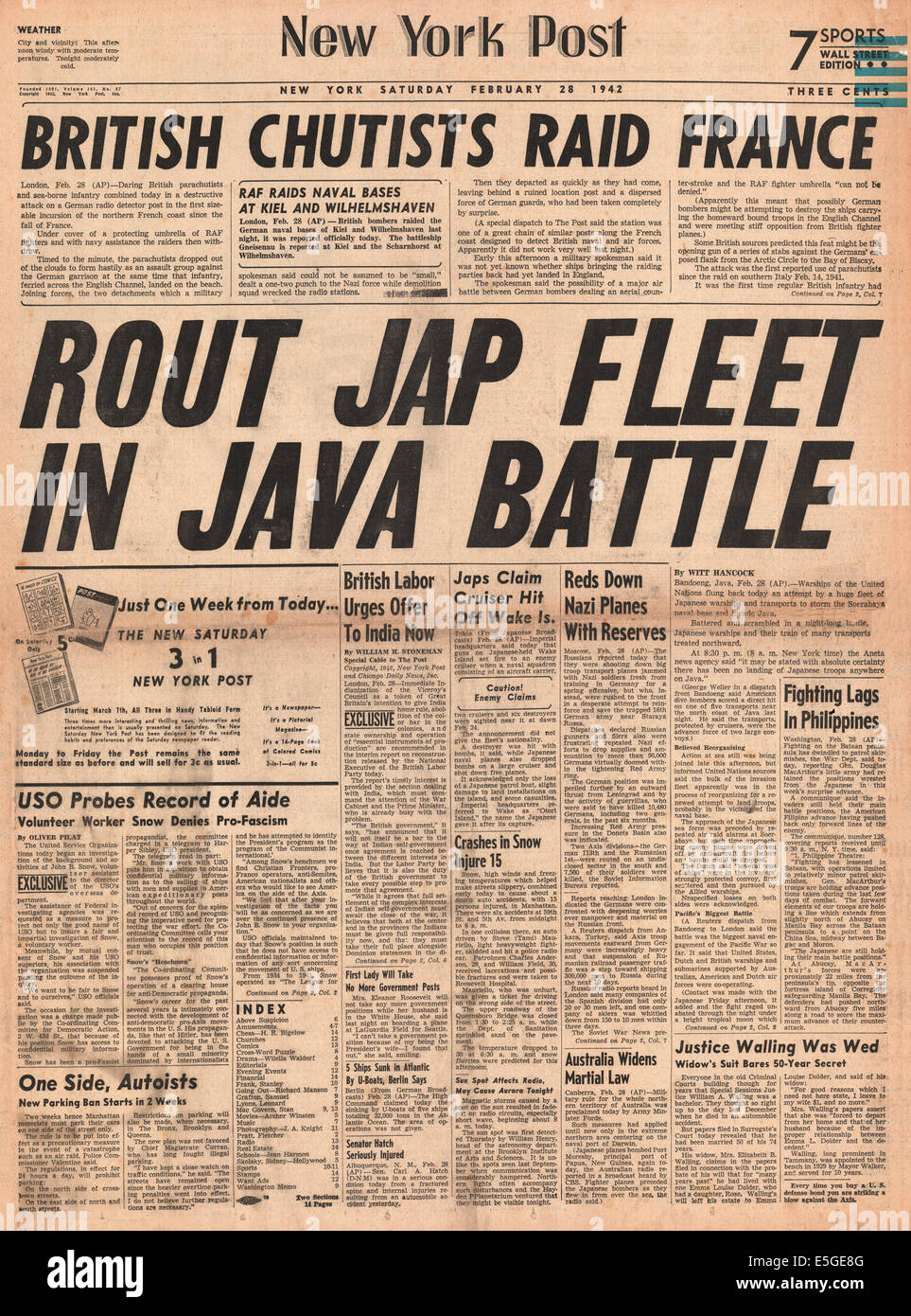 1942 New York Post front page reporting the battle for Java between ...