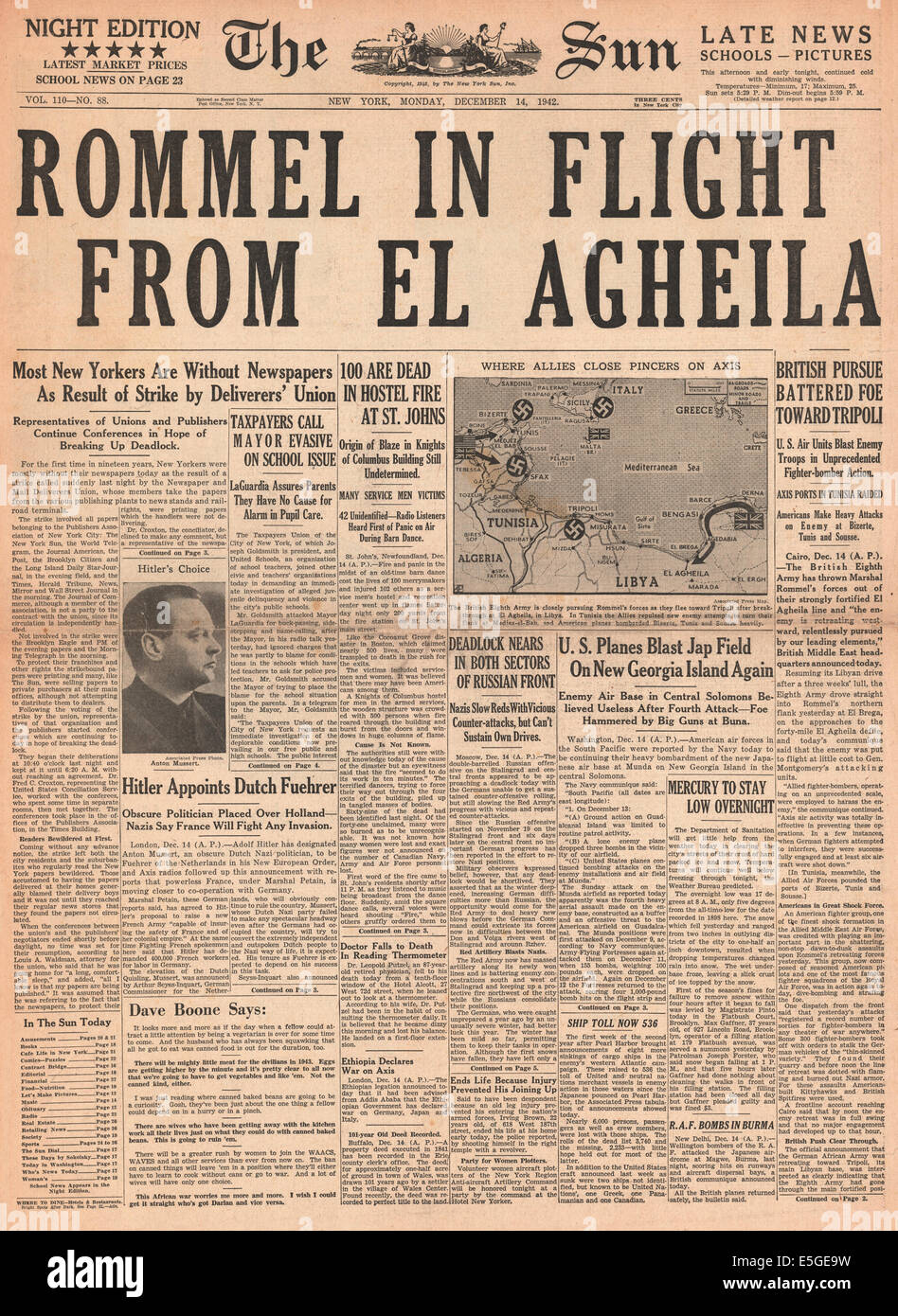 1942 The Sun (New York) front page reporting Rommel and Axis forces in ...