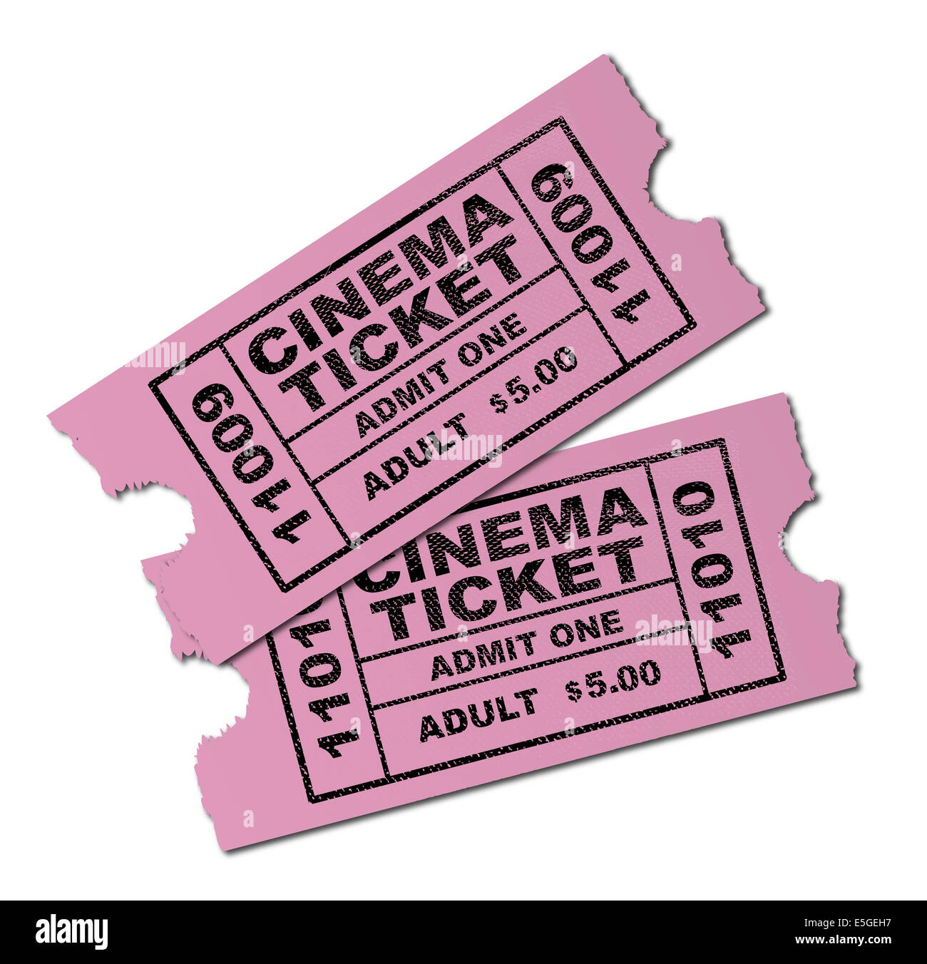 Two pink cinema tickets to admit one adult isolated on a white ...