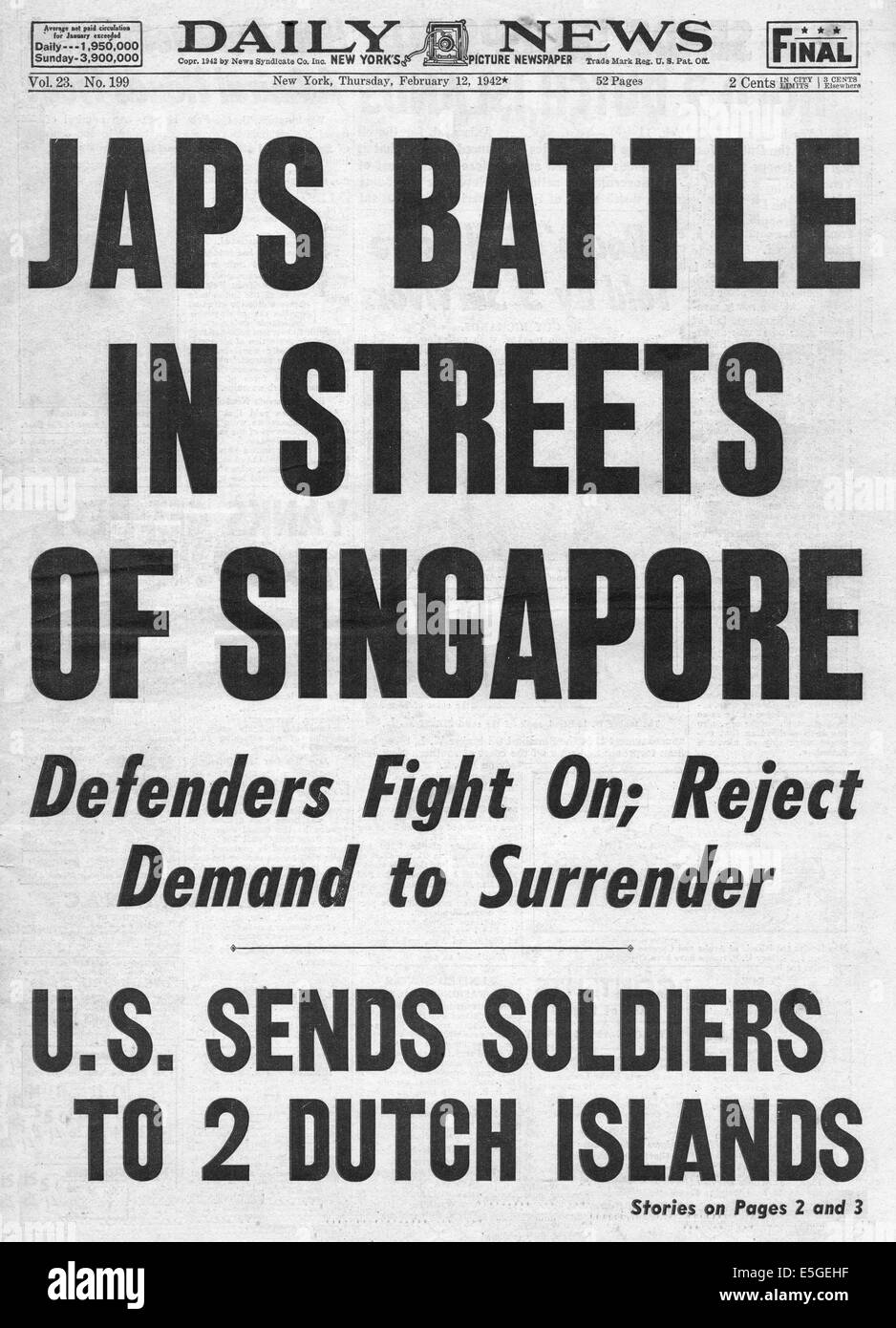 1942 Daily News (New York) front page reporting the battle and fall of ...