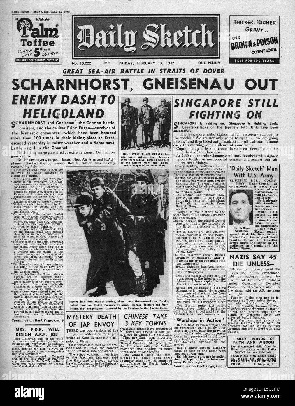 1942 Daily Sketch front page reporting Operation Cerberus, the Dash ...