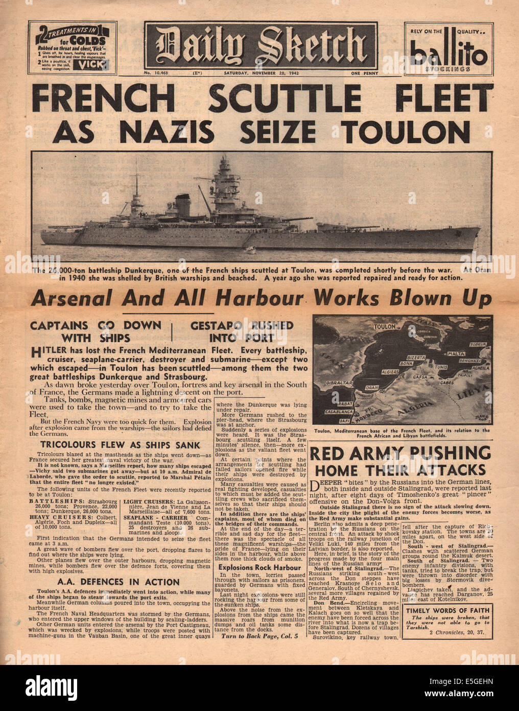 1942 Daily Sketch front page reporting French Navy scuttle fleet at ...
