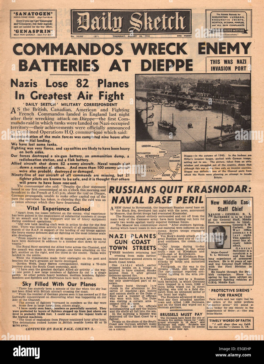 1942 Daily Sketch front page reporting British commando raid at Dieppe ...