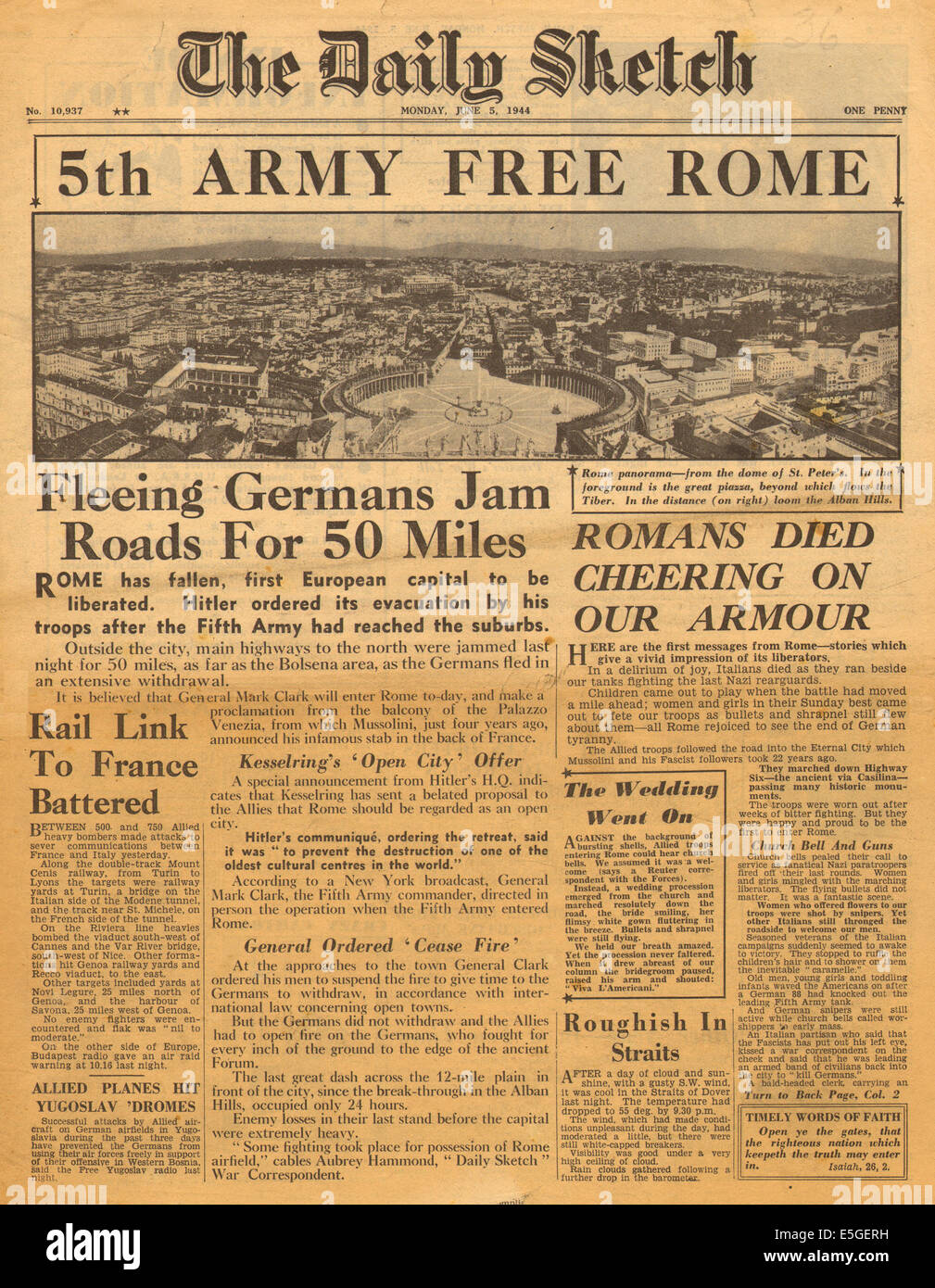 1944 Daily Sketch front page reporting Rome Falls to advancing Allied ...