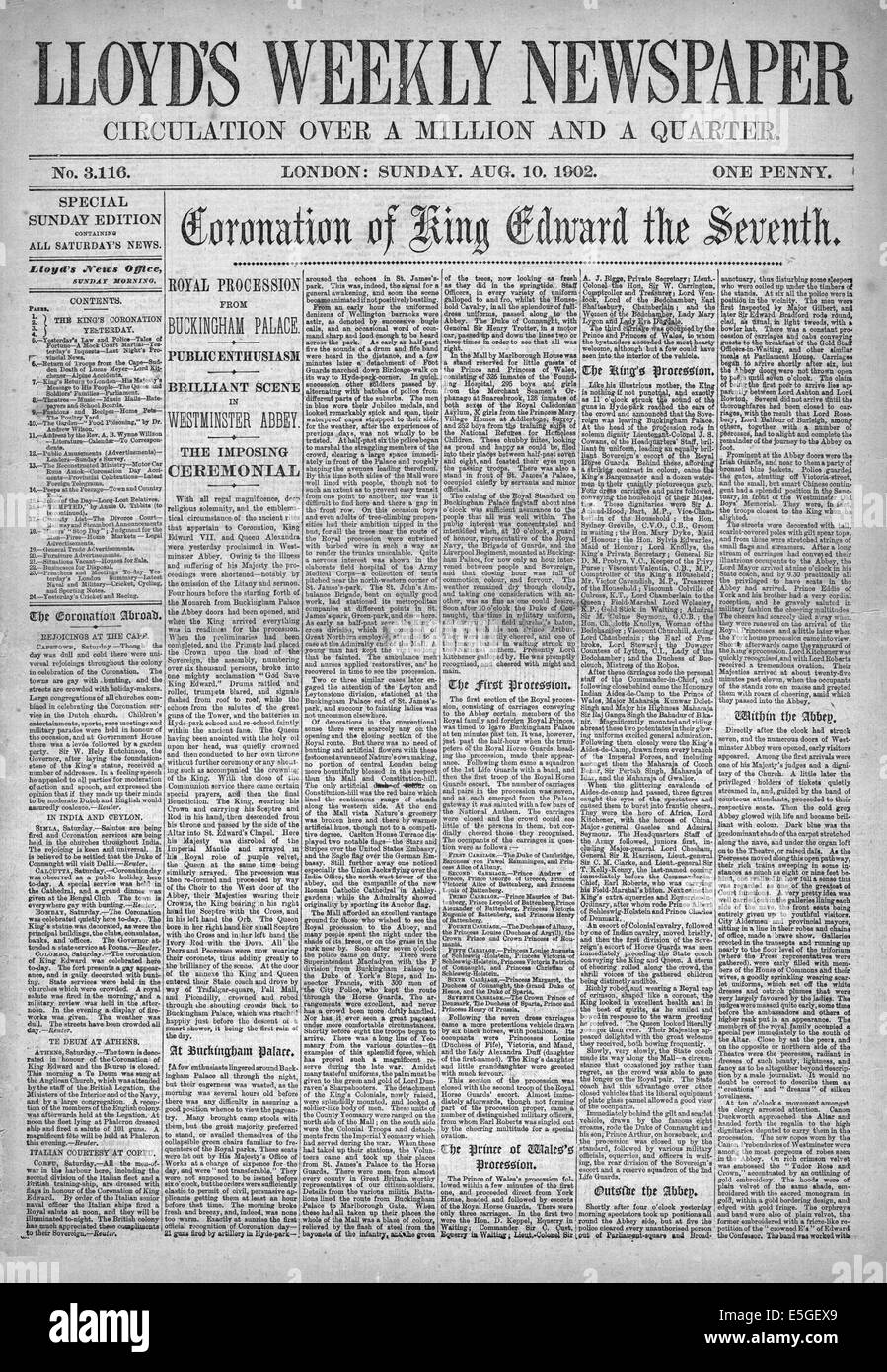 1902 Lloyds Weekly Newspaper front page reporting Coronation of King ...