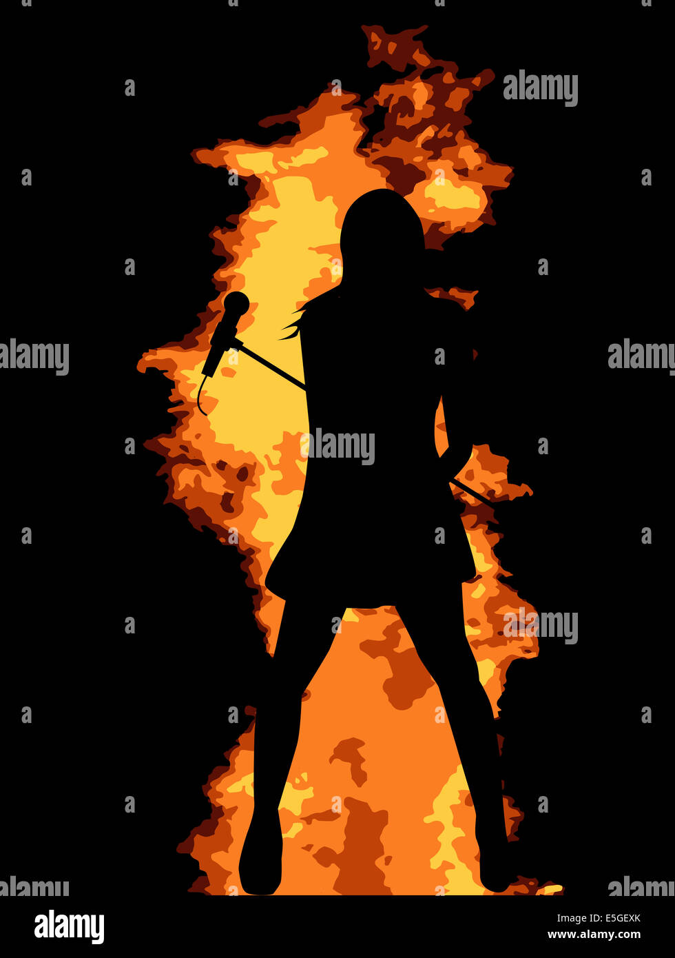 An abstract fire background with a girl singer complete with microphone ...