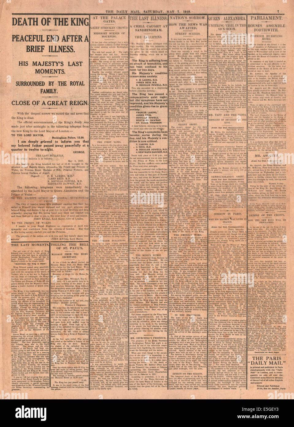 1910 Daily Mail page 7 reporting the death of King Edward VII Stock ...
