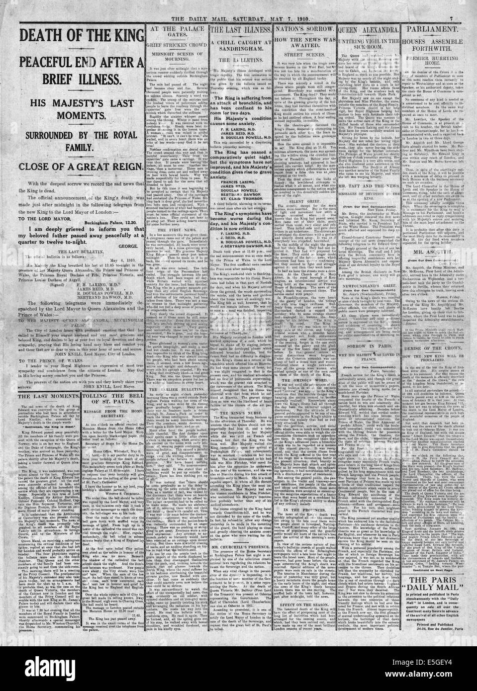 1910 Daily Mail page 7 reporting the death of King Edward VII Stock ...